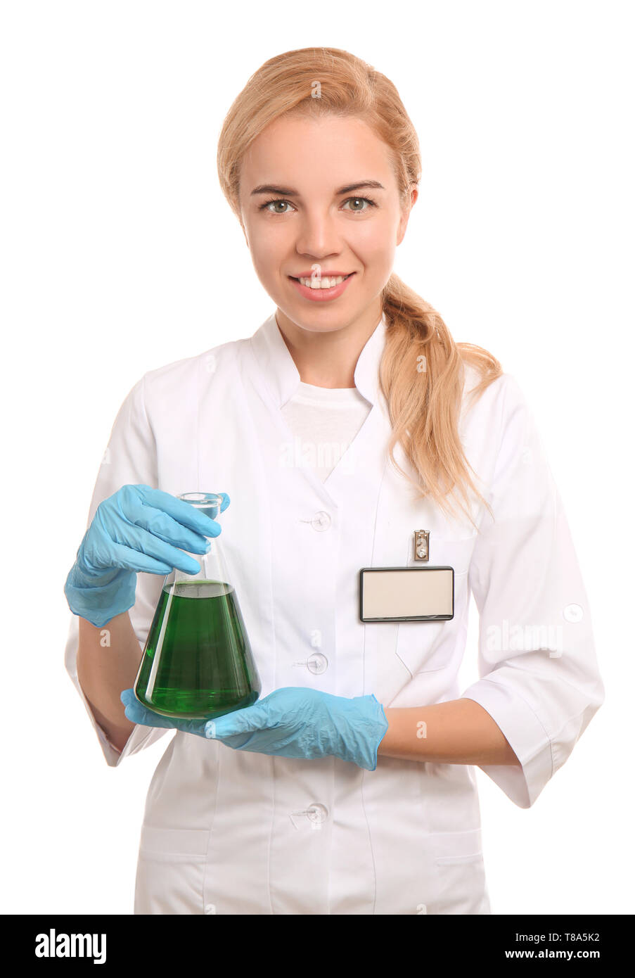 Female scientist with flask on white background Stock Photo - Alamy