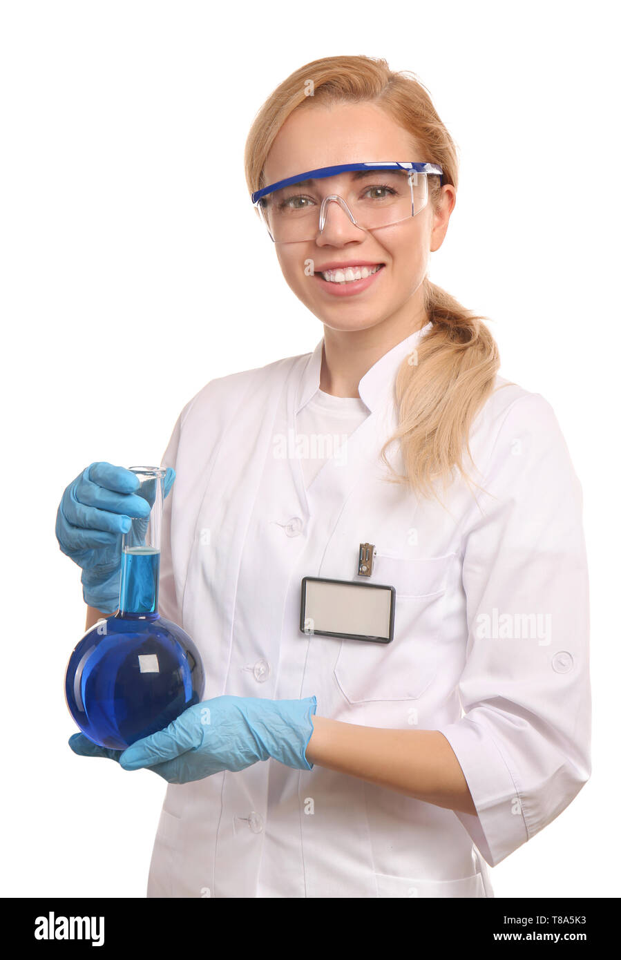 Female scientist with flask on white background Stock Photo - Alamy