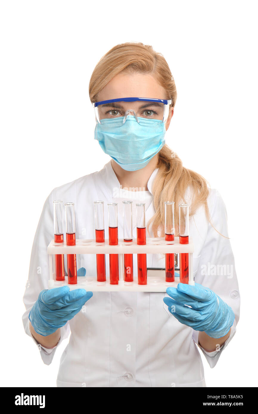 Female scientist with test tubes in holder on white background Stock ...
