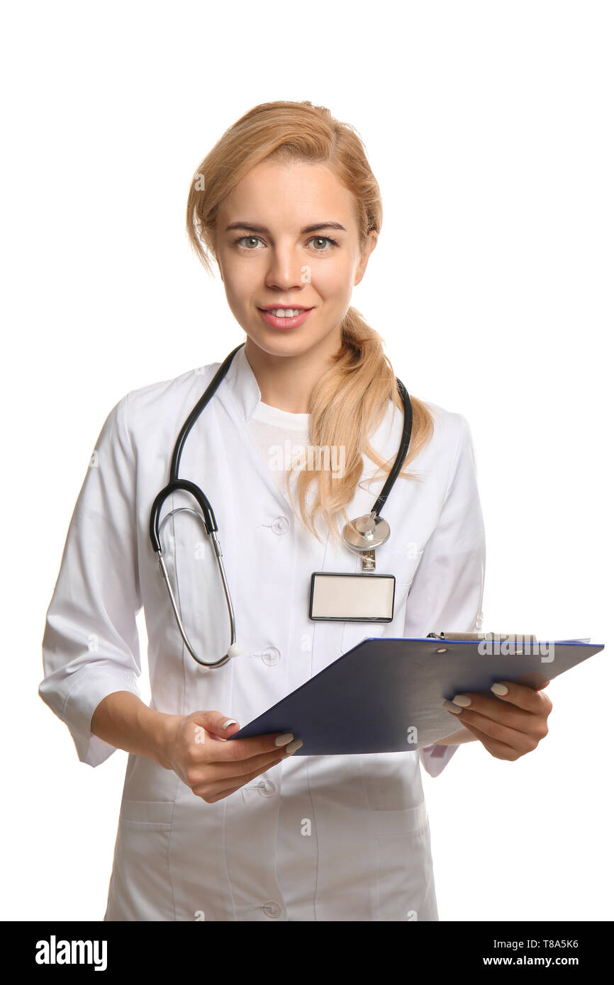 Female scientist with clipboard on white background Stock Photo - Alamy