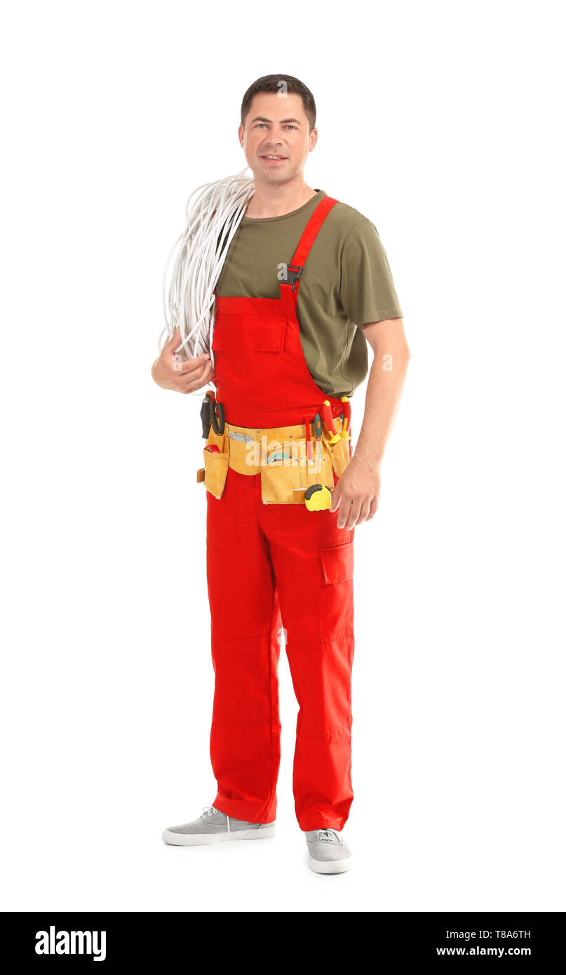Electrician with wires and tools on white background Stock Photo - Alamy