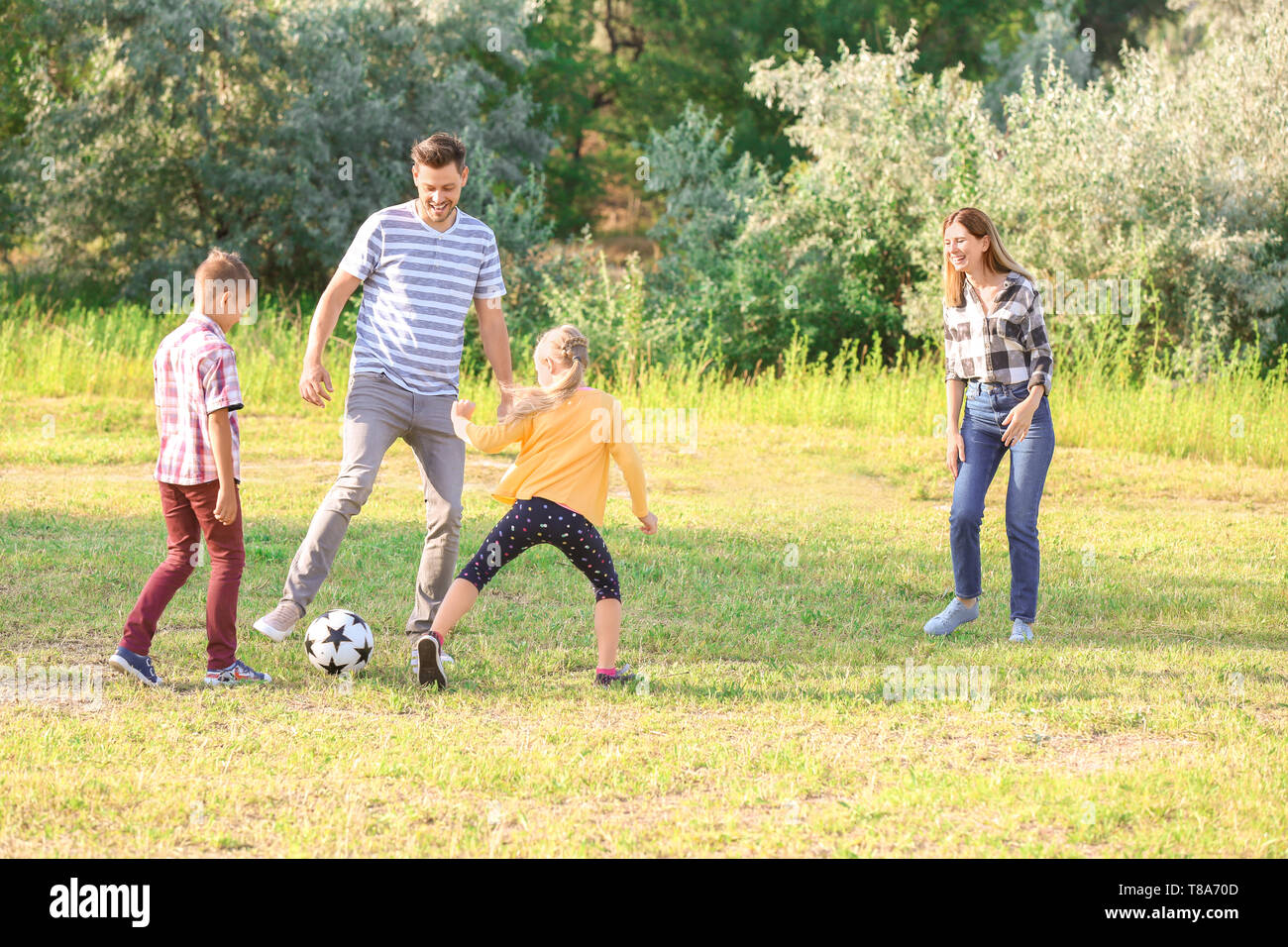 Family playing football in park on summer day Stock Photo - Alamy