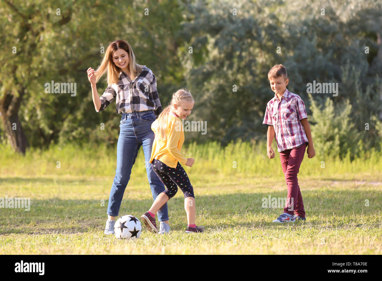 Family playing football in park on summer day Stock Photo - Alamy