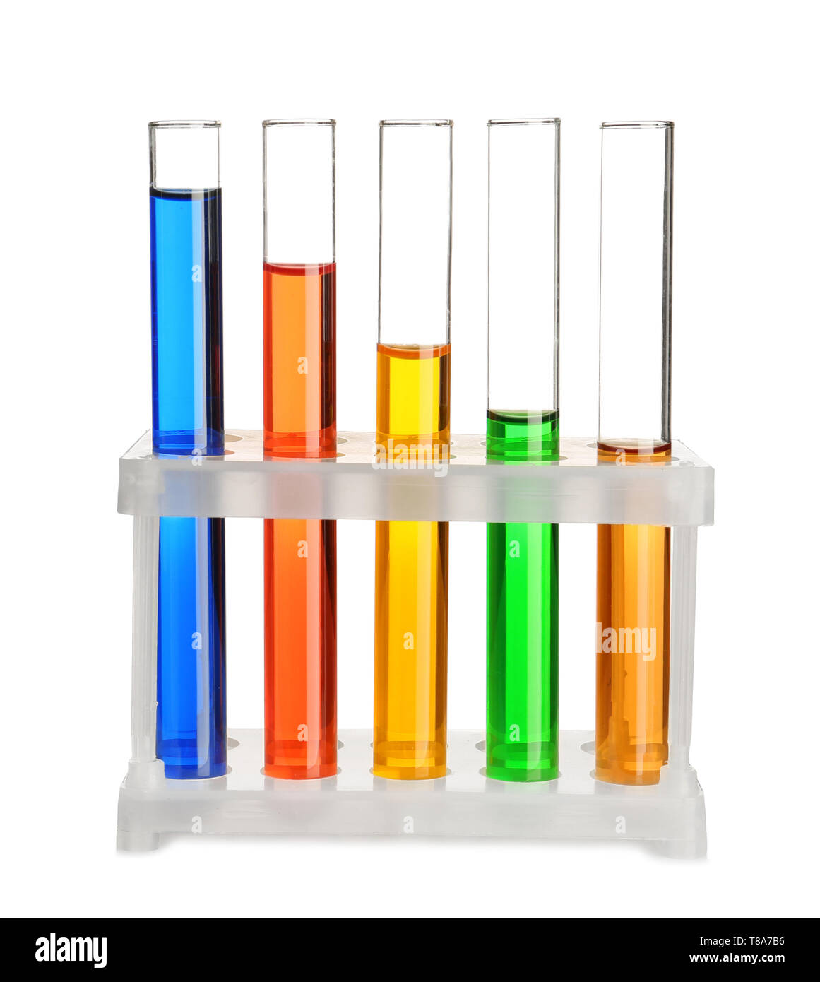 Test tubes with colorful liquids in holder on white background Stock ...