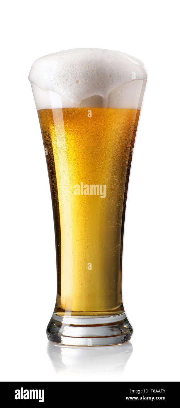 beer in glass with spilling foam isolated on white background Stock ...