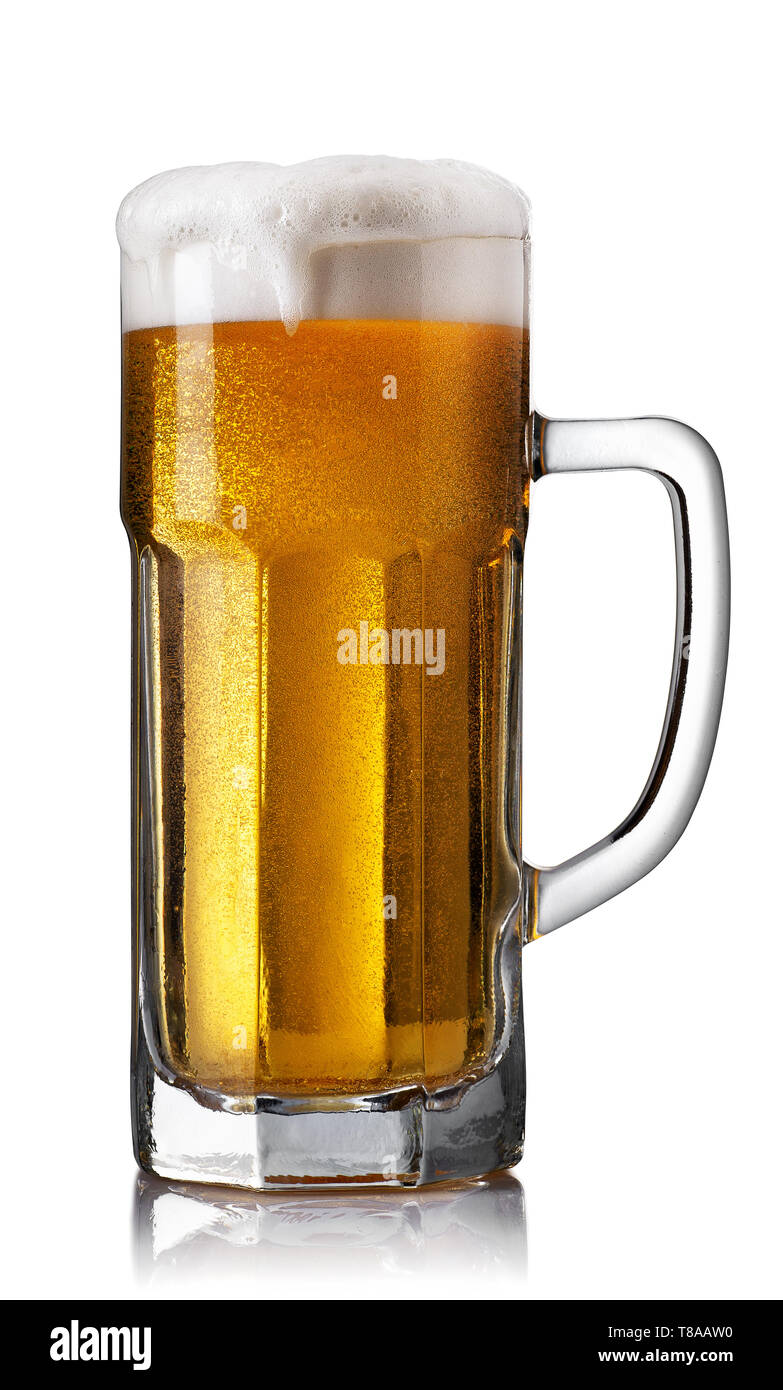 beer in mug with spilling foam and bubbles isolated on white background ...