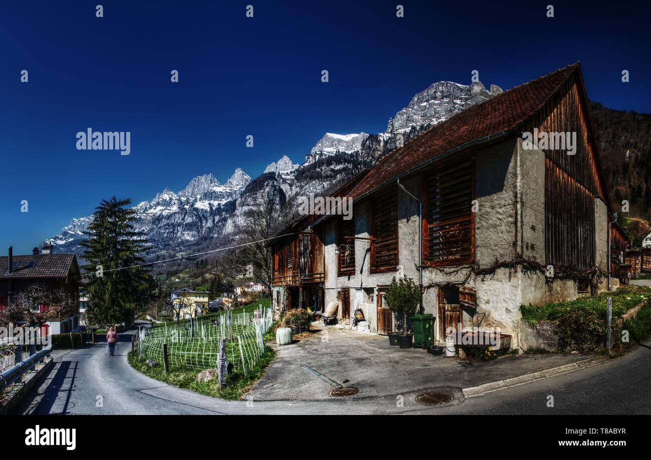 Swiss farmhouse against the backdrop of the Churfirsten, Swiss Alps ...