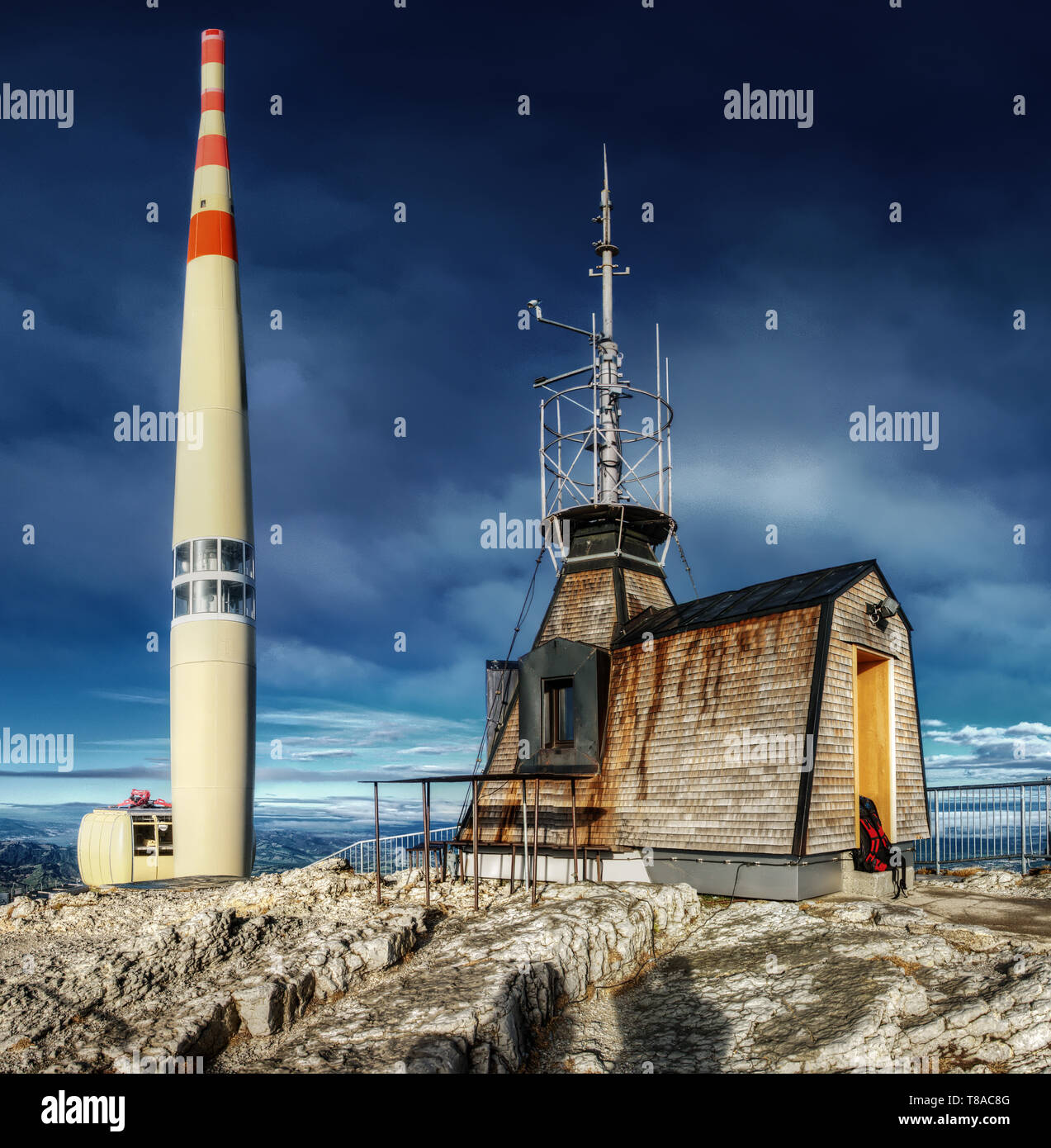 Antenna with sheathing and weather station atop Säntis, Swiss Alps ...