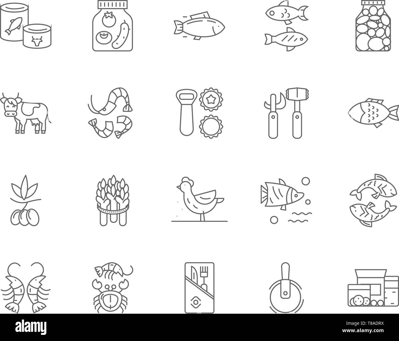 Canned production line icons, signs, vector set, outline illustration ...
