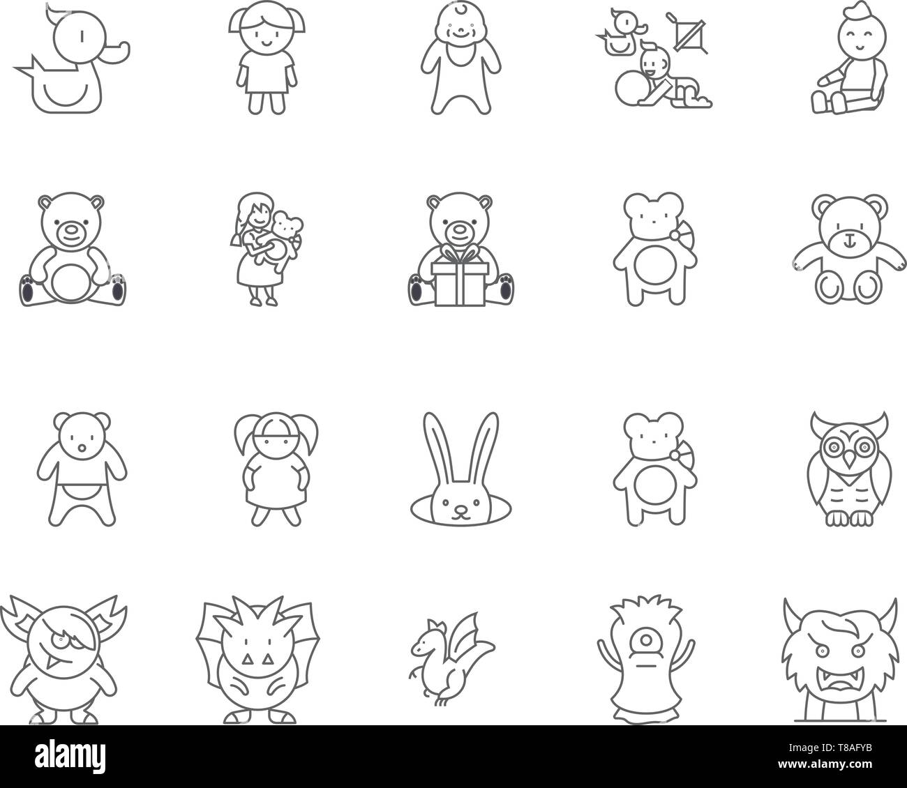 Dolls and stuffed toys line icons, signs, vector set, outline ...