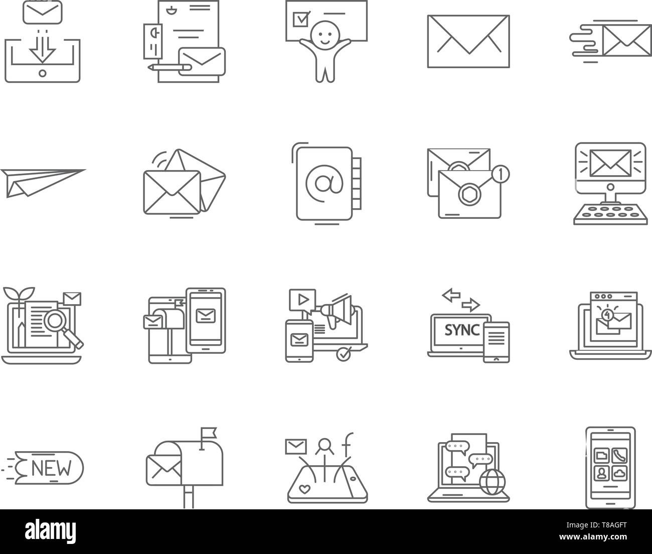 Emails and mails line icons, signs, vector set, outline illustration ...
