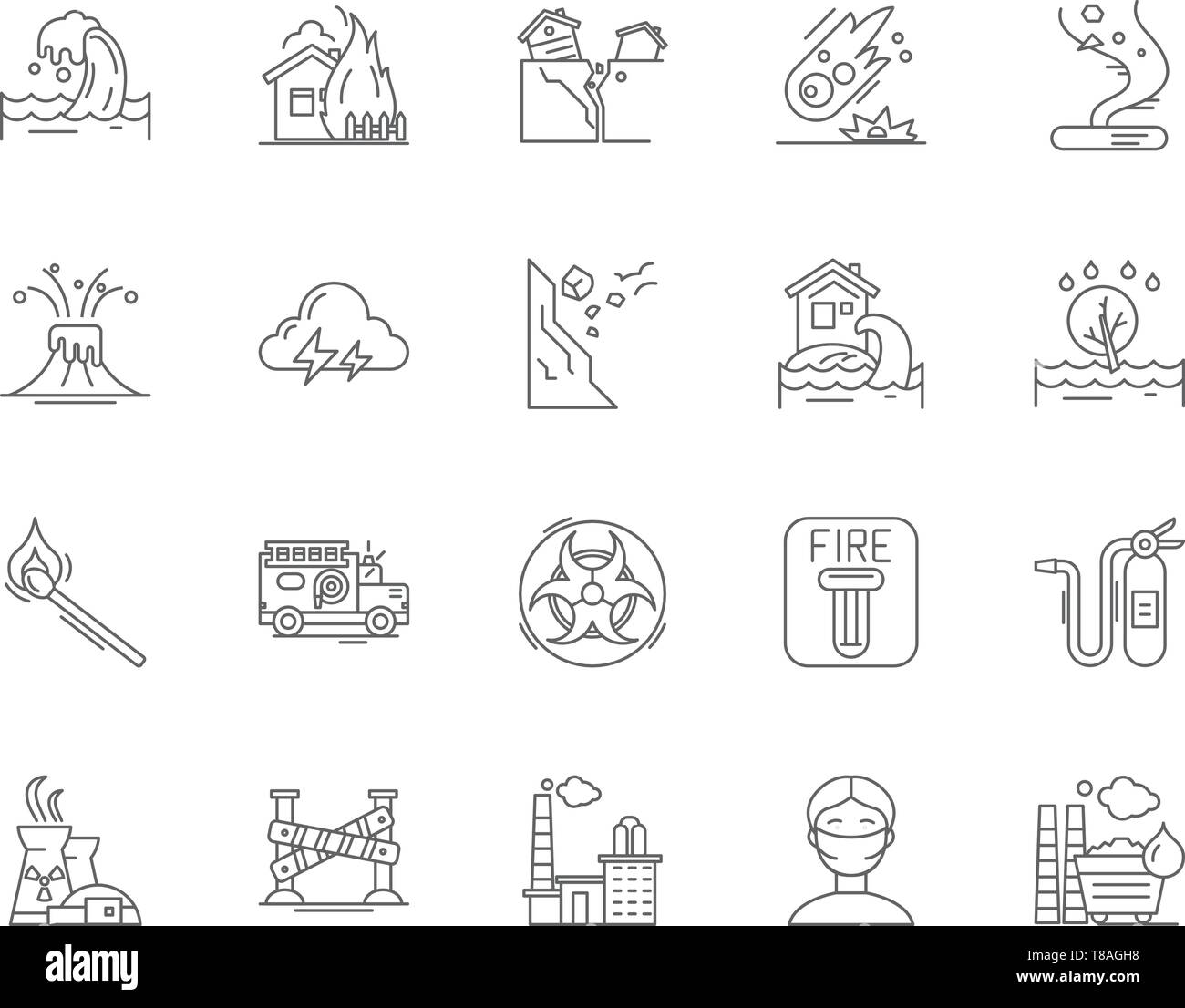 Emergincies and disasters line icons, signs, vector set, outline ...