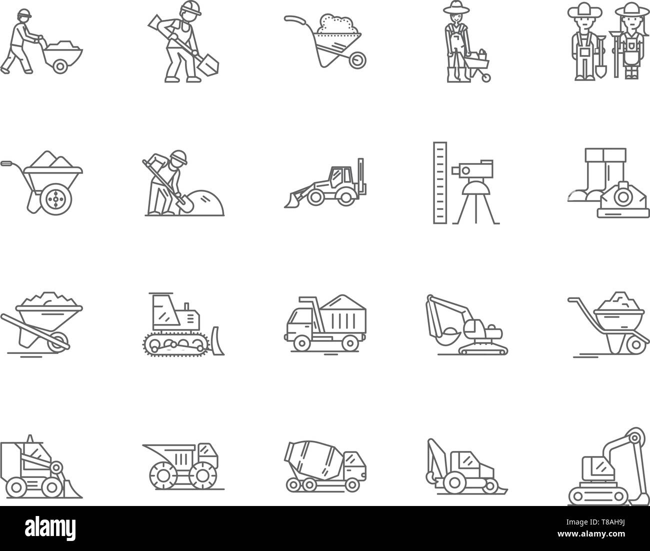 Excavation and grounwork line icons, signs, vector set, outline ...