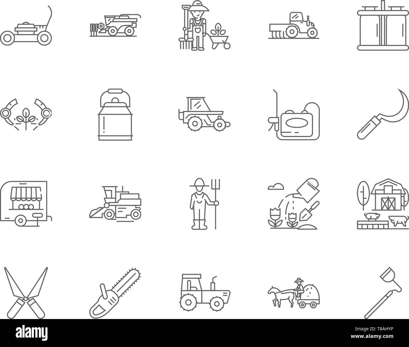 Farm machinery and equiment line icons, signs, vector set, outline ...