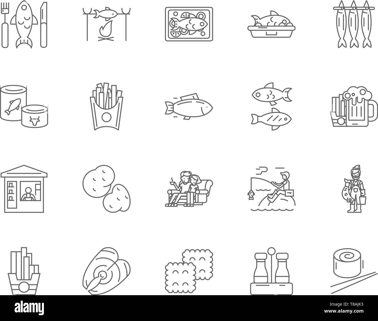 Fish and chips line icons, signs, vector set, outline illustration ...