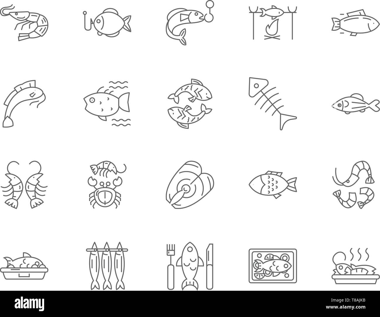 Fish and seafood line icons, signs, vector set, outline illustration ...