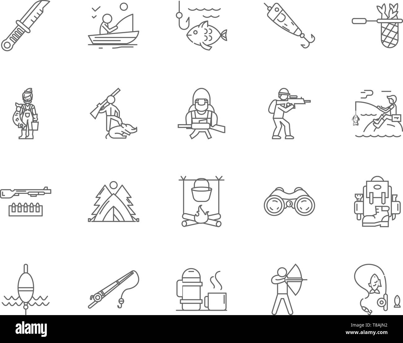 Fishing and hunting line icons, signs, vector set, outline illustration ...