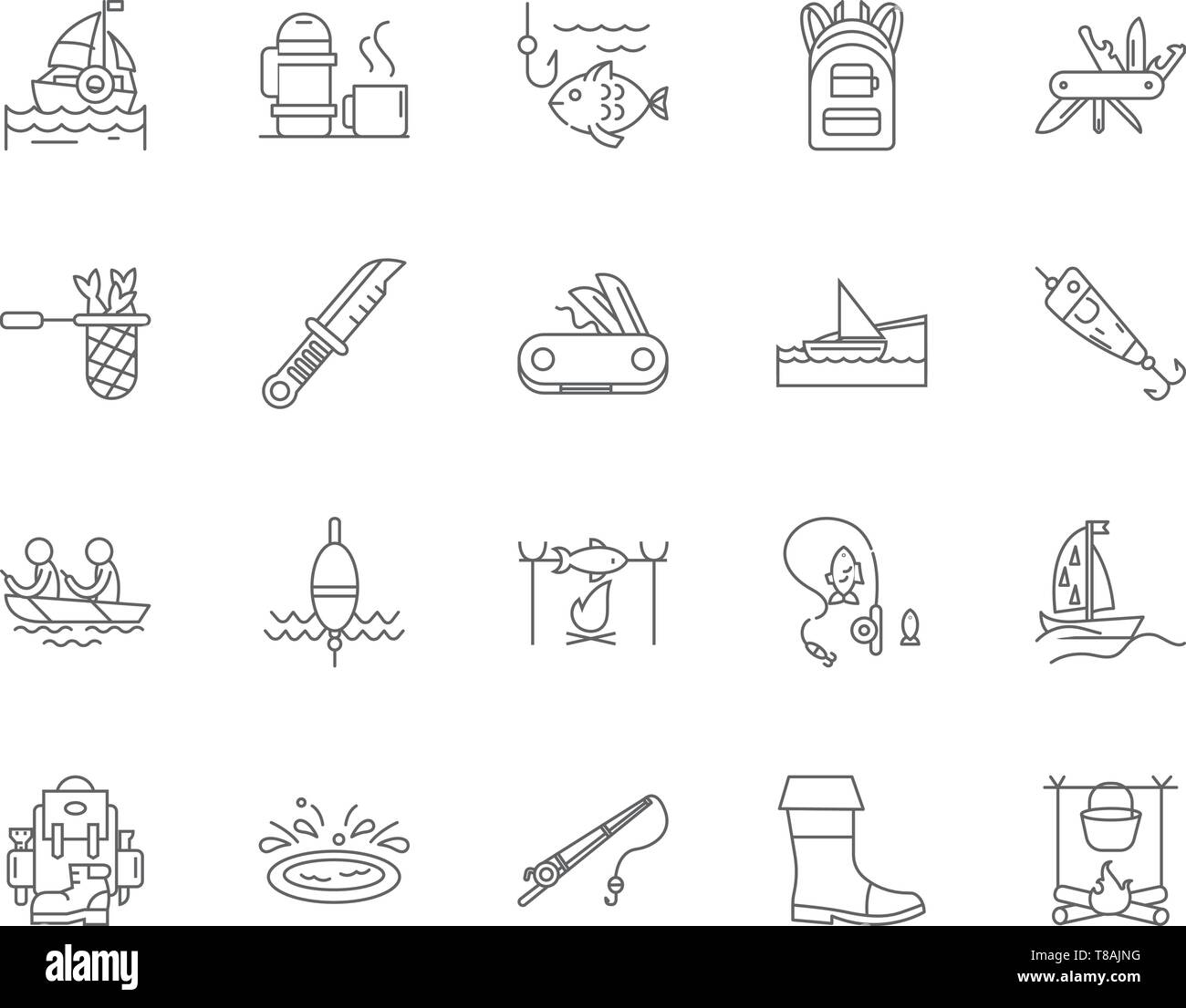 Fishing supplies line icons, signs, vector set, outline illustration ...
