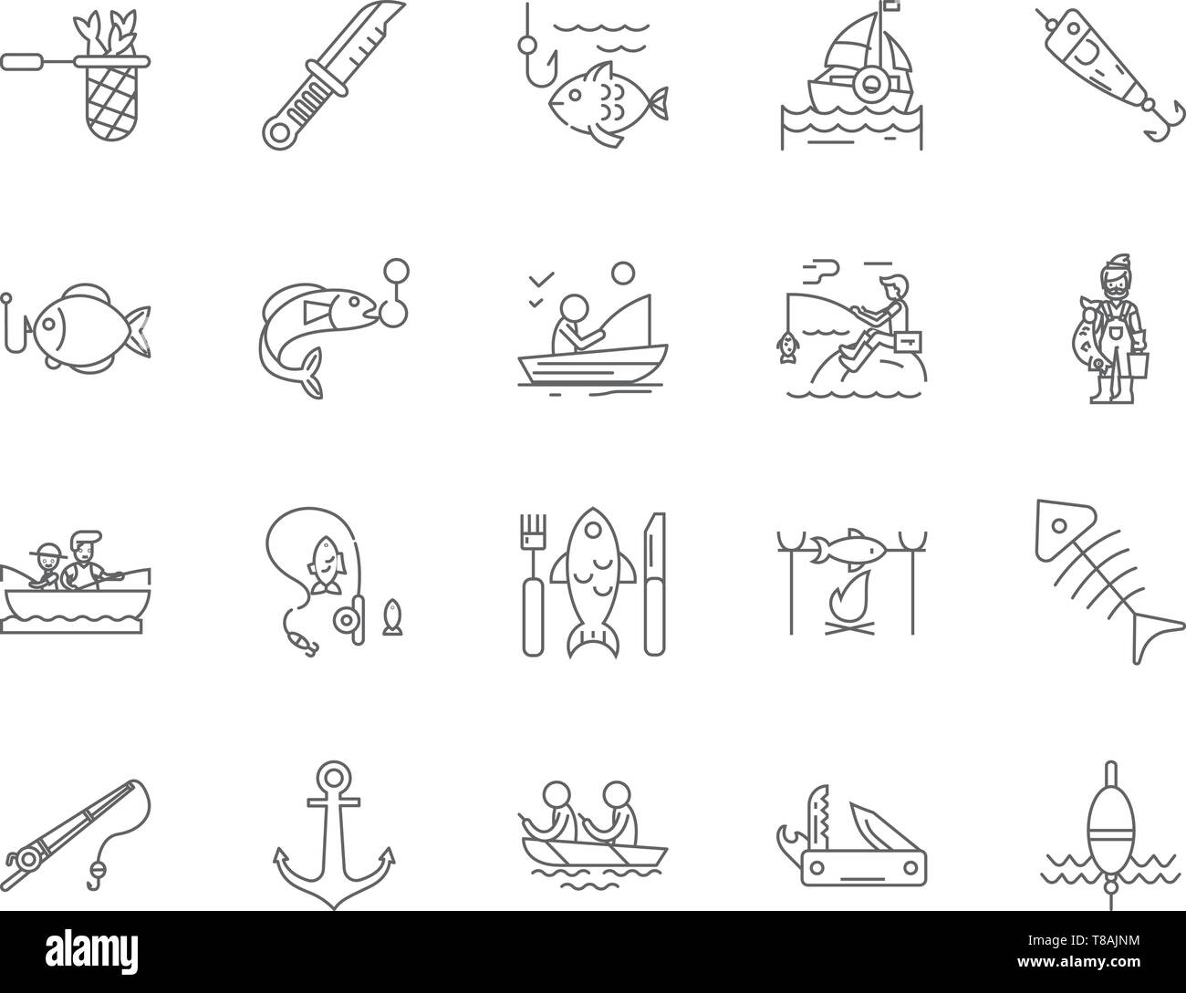 Fishing tackle line icons, signs, vector set, outline illustration ...