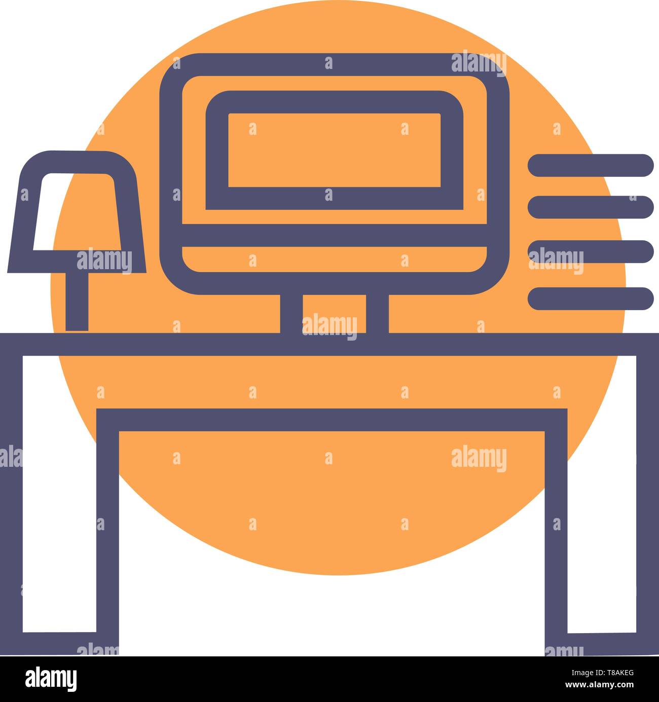 Work place or office work icon. Vector icon with computer table lamp ...