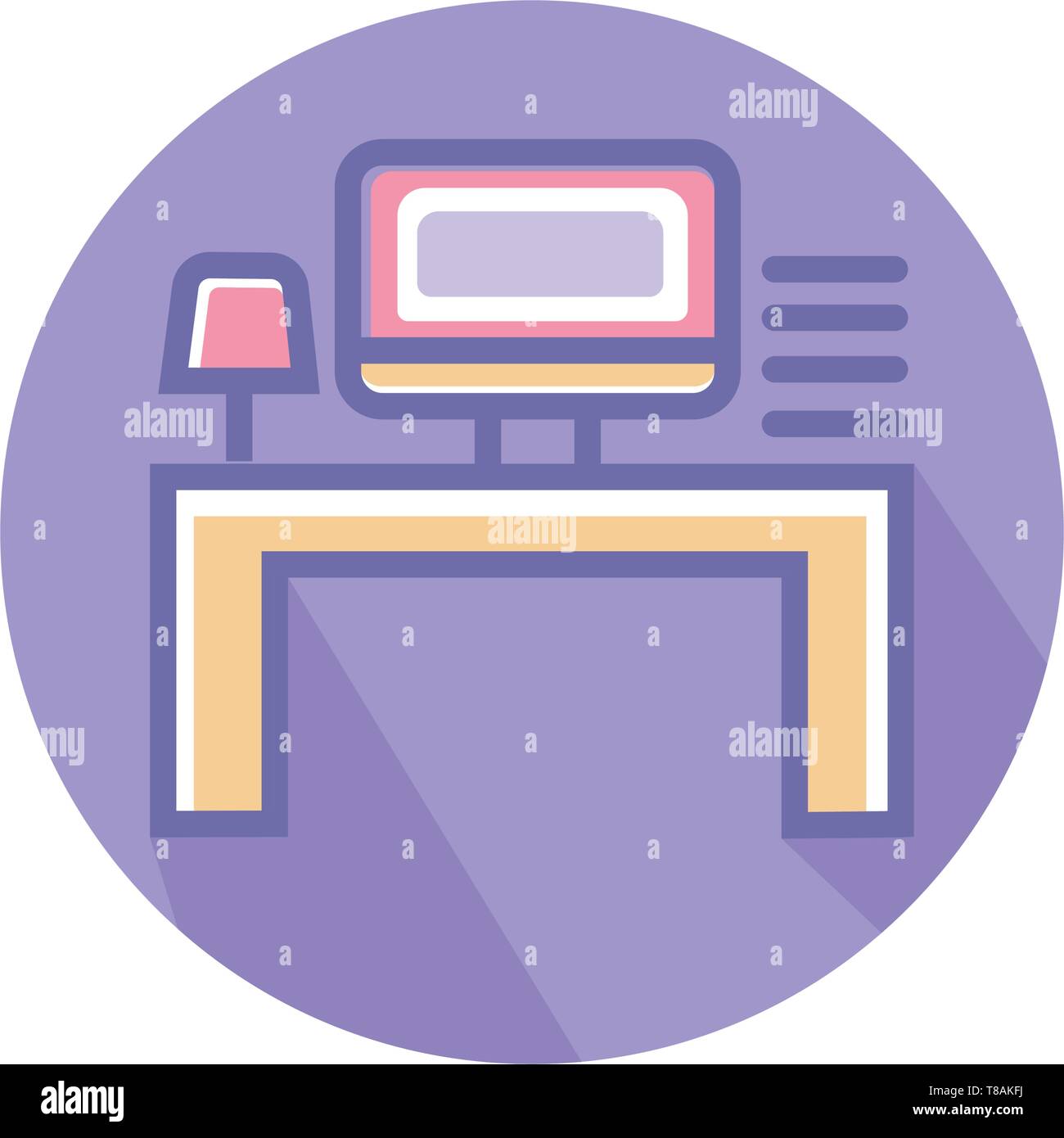 Work place or office work icon. Vector icon with computer table lamp ...
