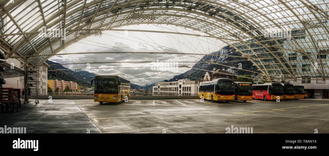 Chur Bus station, showing the framework of the glass roof, Swiss Alps ...