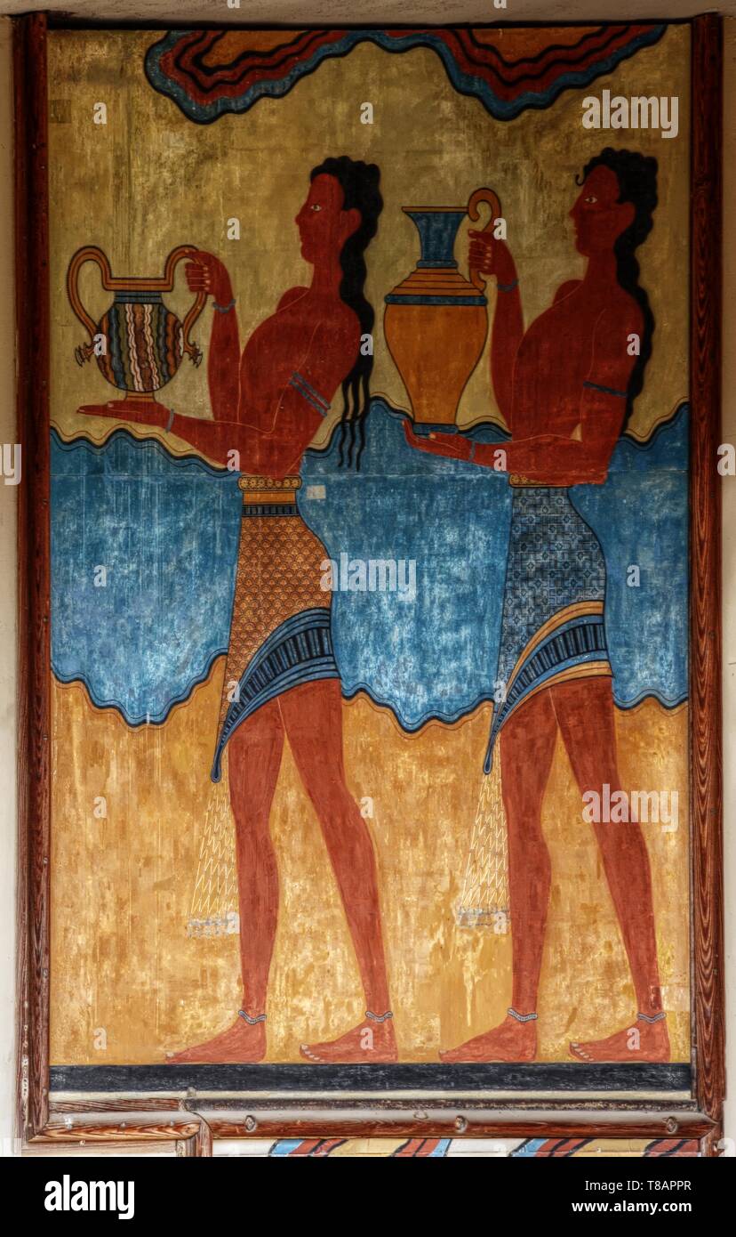 Minoan artwork on display in the partially-restored palace of Knossos ...