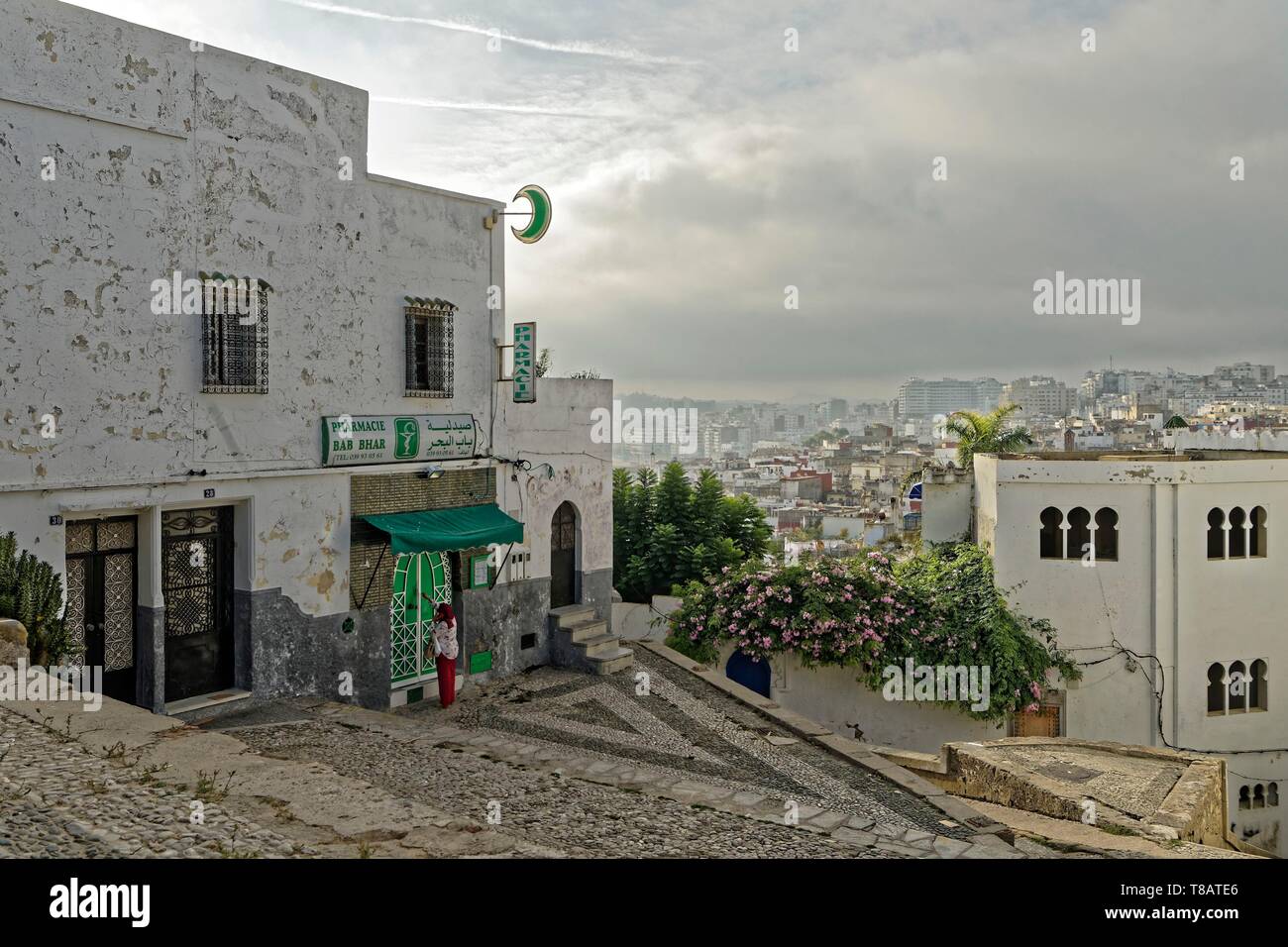 Morocco, Tangier Tetouan region, Tangier, narrow street on the old city ...