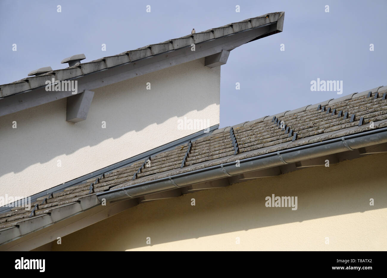 staggered roofs of residential building casting shadows on facades on ...