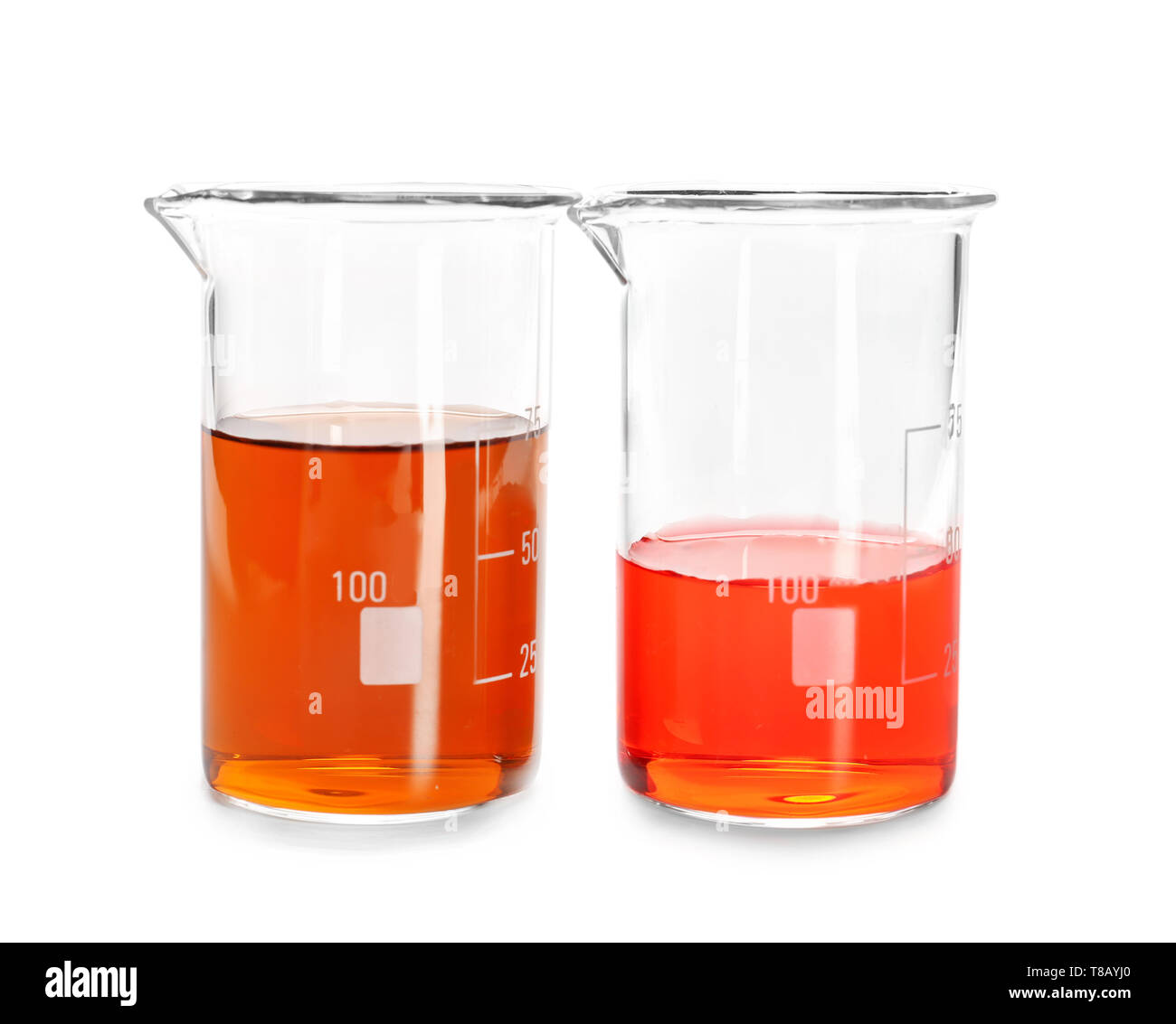 Beakers with color liquids on white background Stock Photo - Alamy