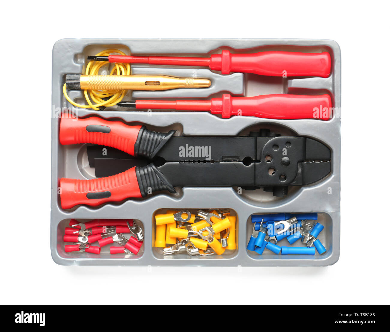 Different electrician's tools on white background Stock Photo - Alamy