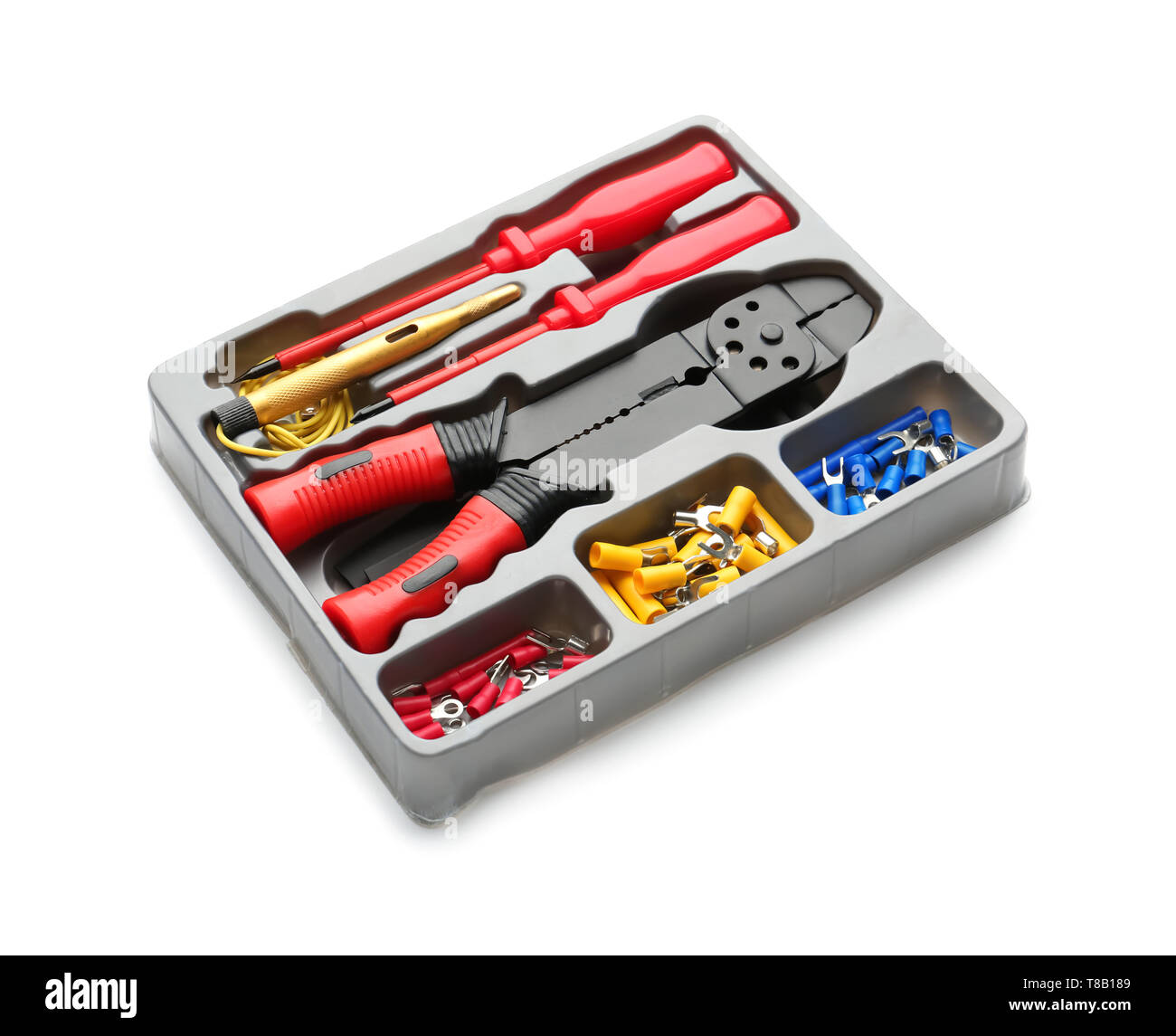 Different electrician's tools on white background Stock Photo - Alamy