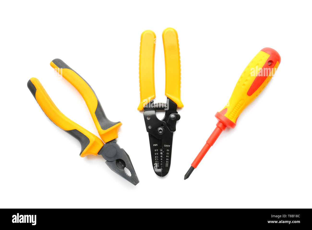 Pliers, wire stripper and screwdriver on white background Stock Photo ...