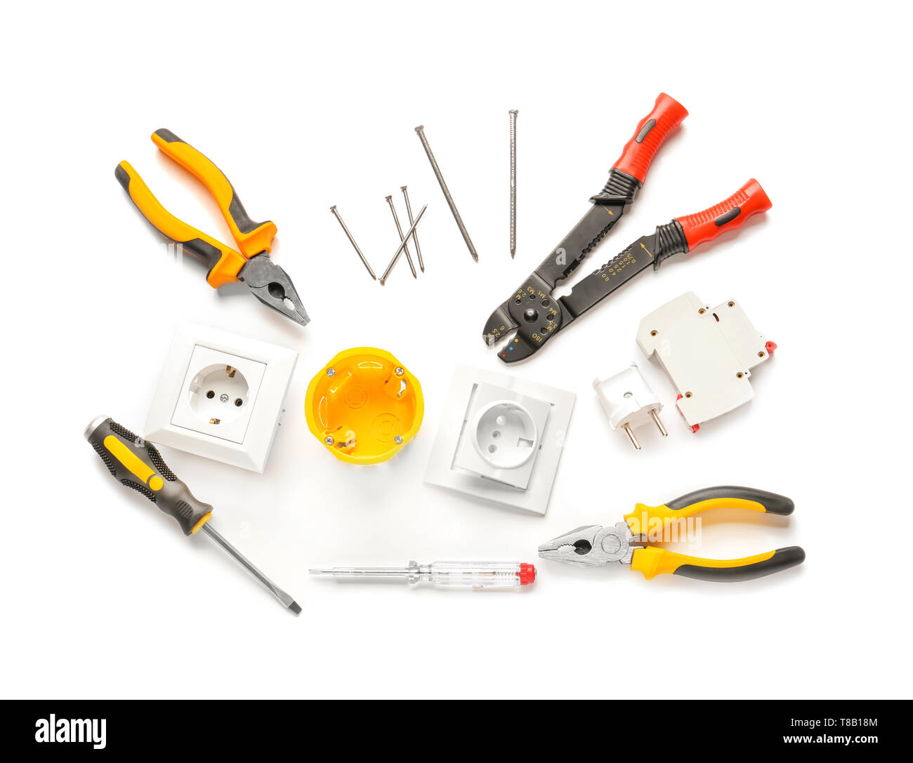 Different electrician's tools and supplies on white background Stock ...