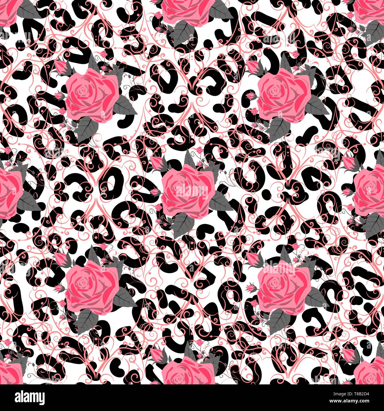 Seamless pattern with leopard print and roses. Vector background with ...
