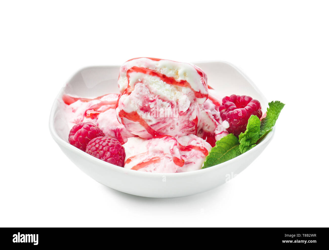 Bowl with tasty raspberry ice cream on white background Stock Photo - Alamy