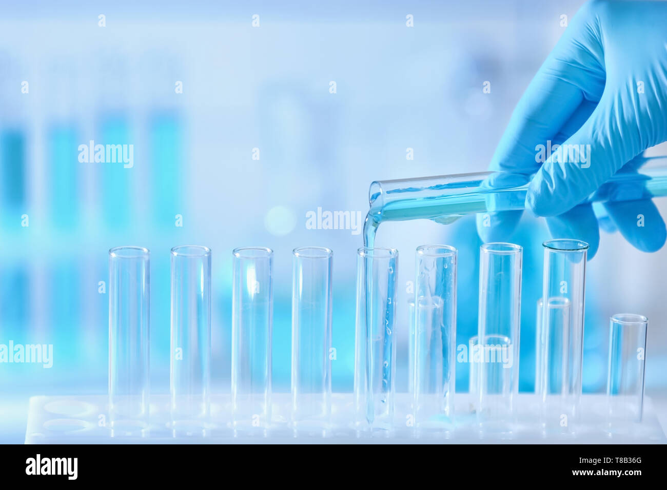 Scientist pouring color liquid into test tubes in laboratory Stock ...