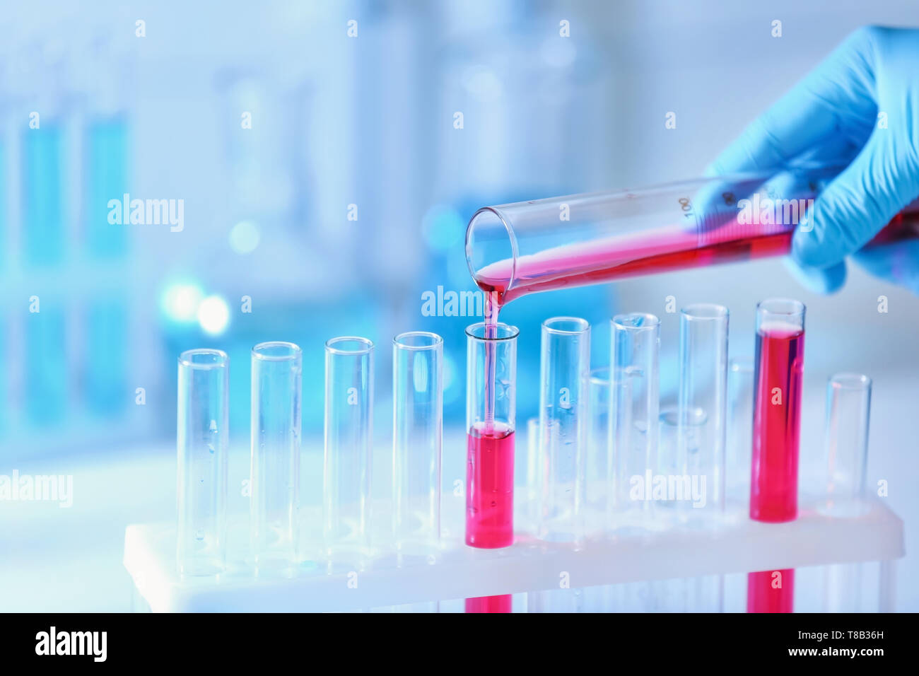 Scientist pouring color liquid into test tubes in laboratory Stock ...