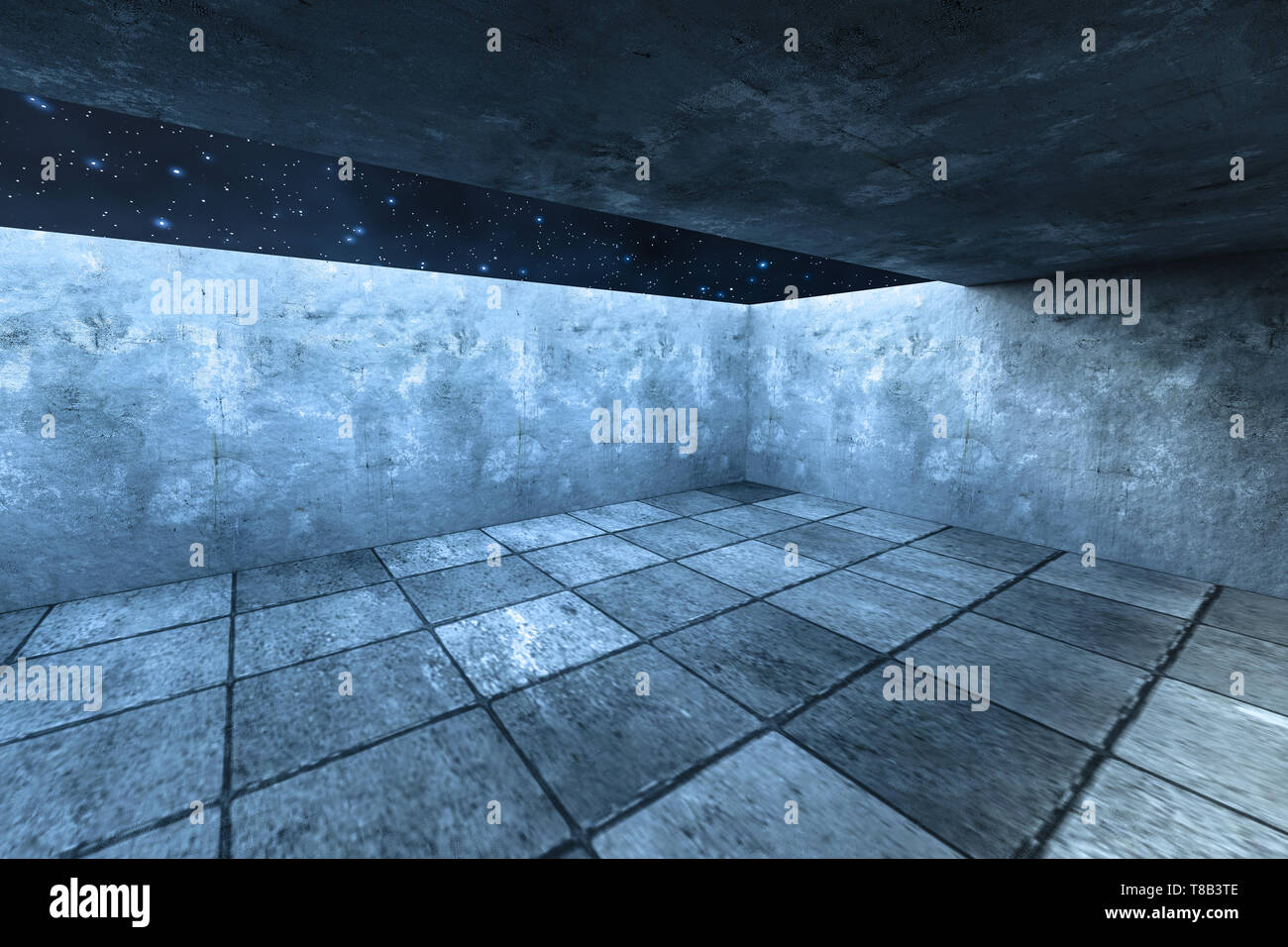 3d rendering, the abandoned empty room at night. Computer digital ...