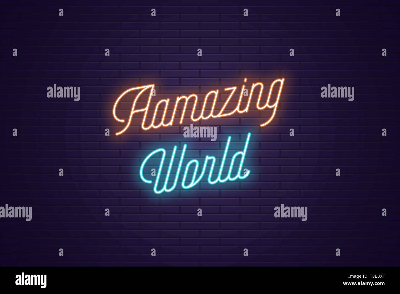 Neon lettering of Amazing World. Glowing headline, bright neon cursive ...