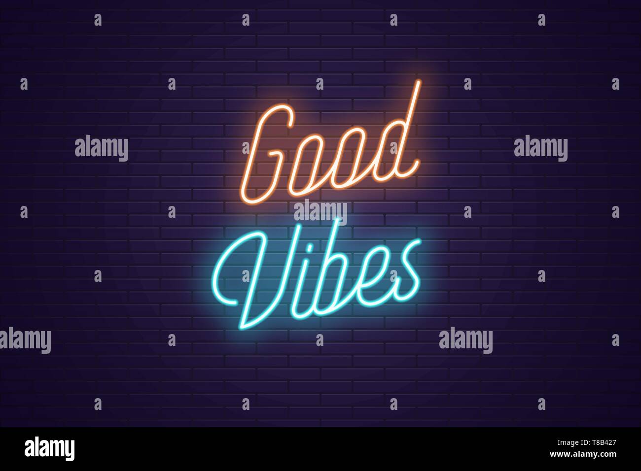 Neon lettering of Good Vibes. Glowing headline, bright neon cursive ...