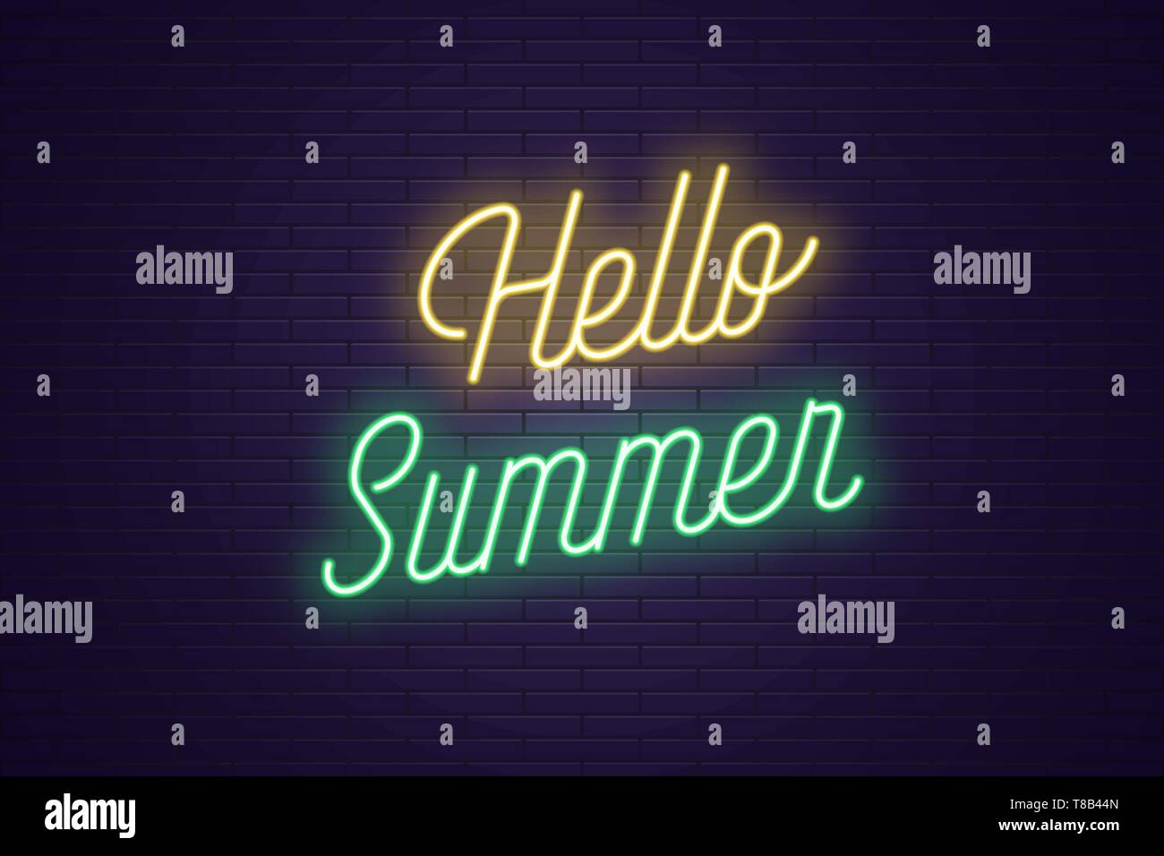 Neon lettering of Hello Summer. Glowing headline, bright neon cursive ...