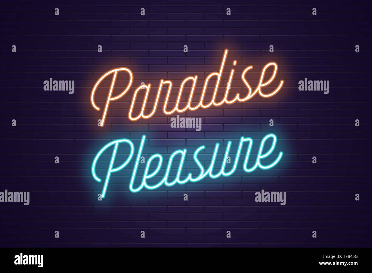 Neon lettering of Paradise Pleasure. Glowing headline, bright neon ...