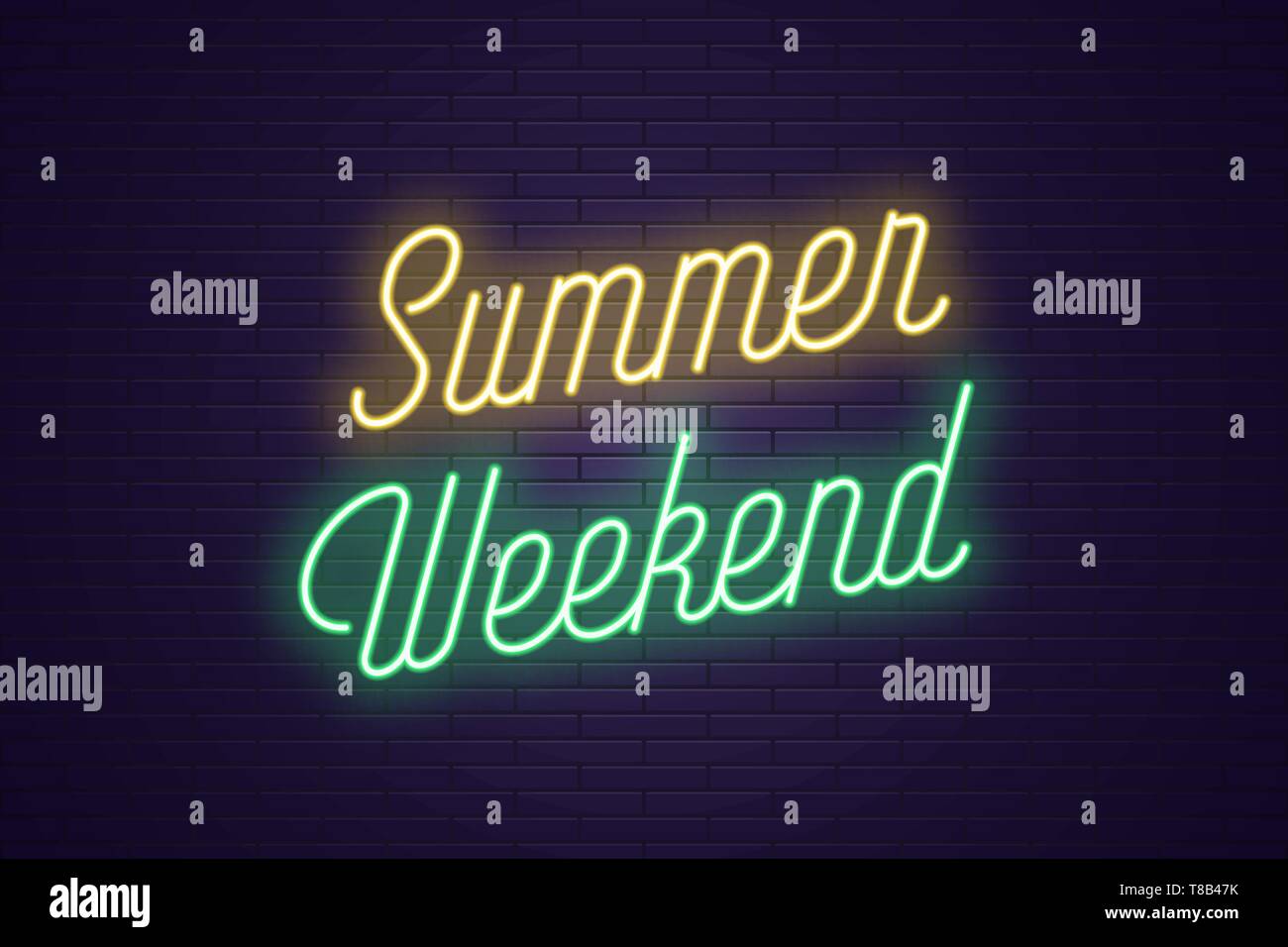 Neon lettering of Summer Weekend. Glowing headline, bright neon cursive ...
