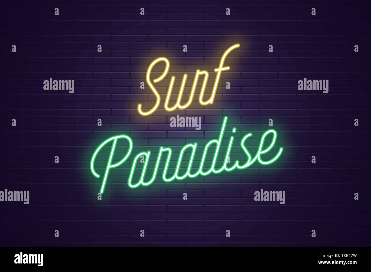 Neon lettering of Surf Paradise. Glowing headline, bright neon cursive ...