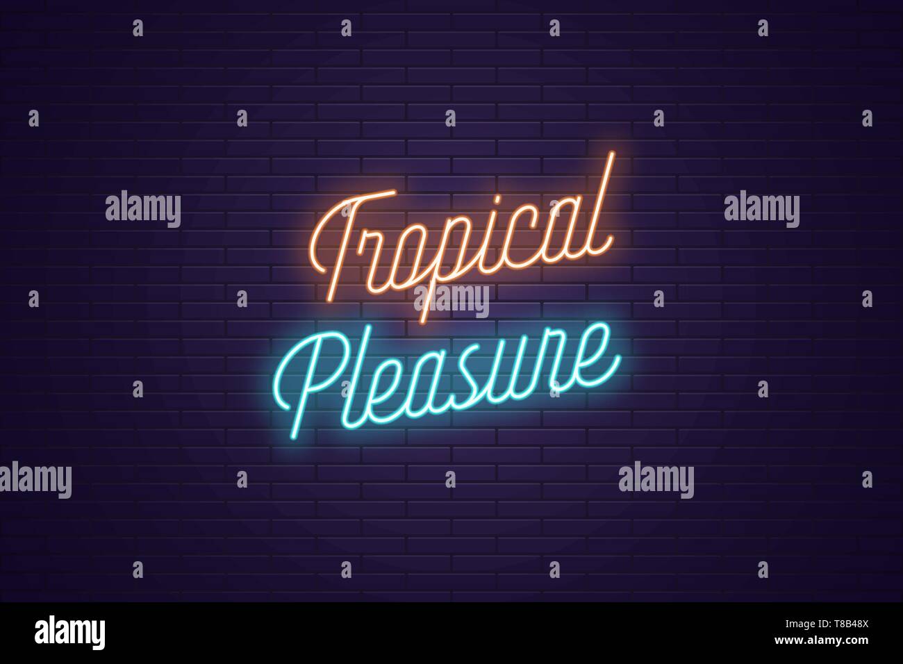Neon lettering of Tropical Pleasure. Glowing headline, bright neon ...