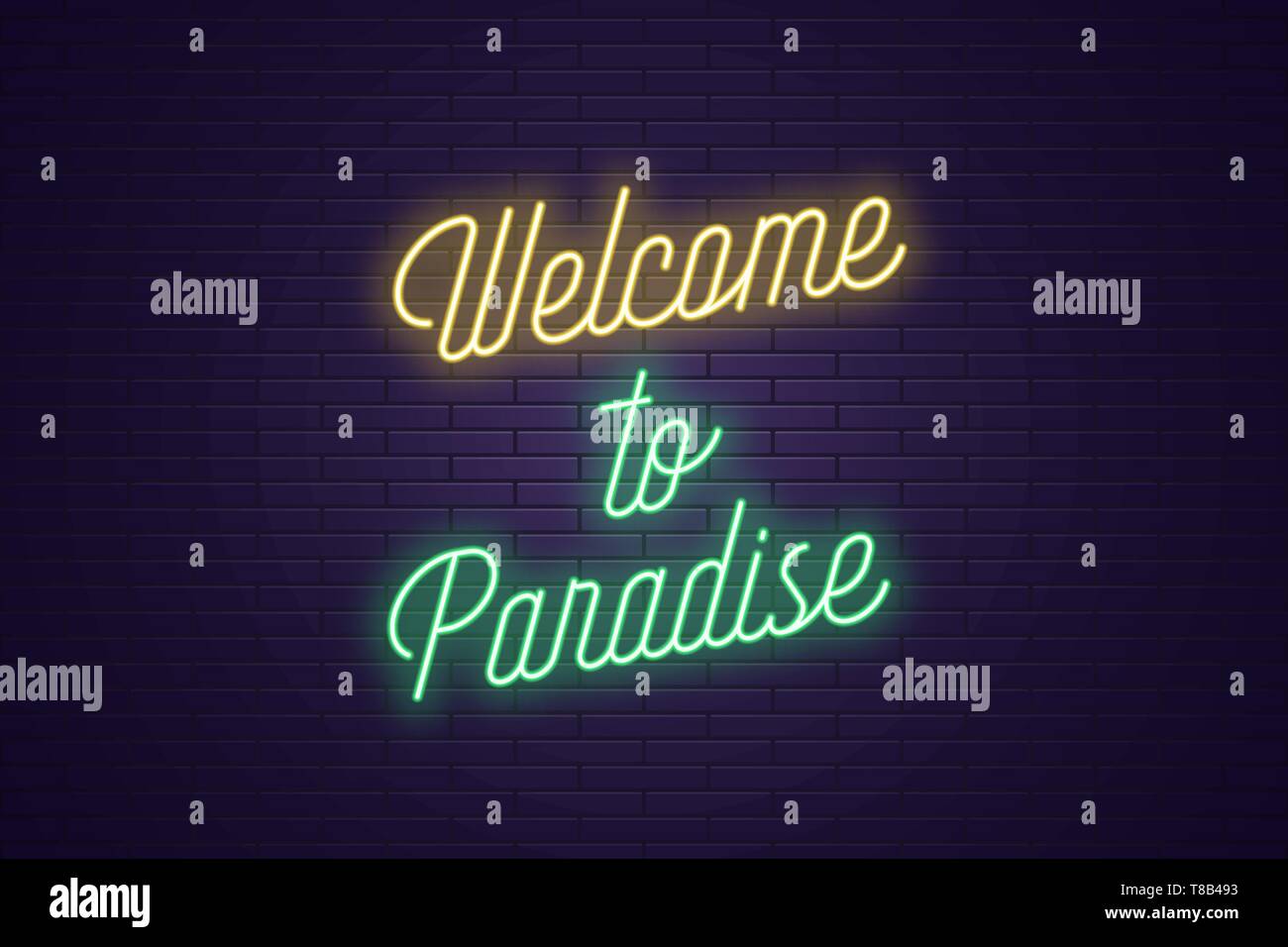Neon lettering of Welcome to Paradise. Glowing headline, bright neon ...