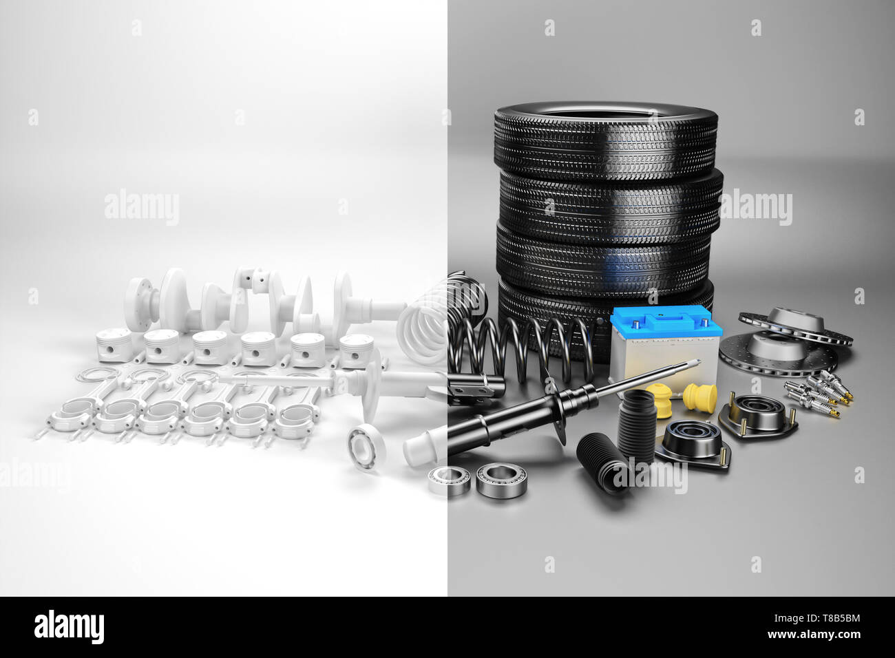 Auto parts spare parts car on the grey background. Set with many new ...