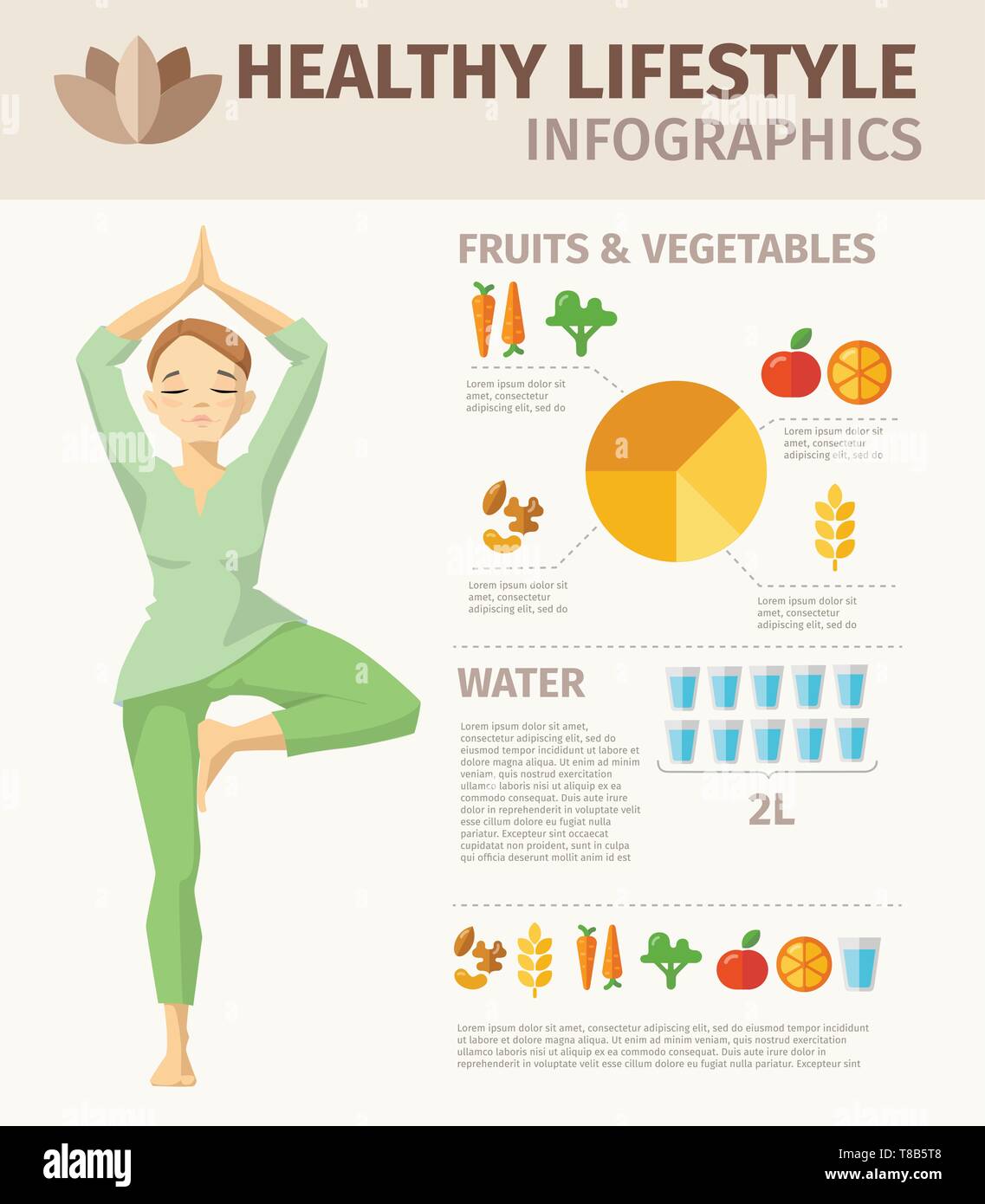 Vector healthy Lifestyle design food elements and woman character doing ...