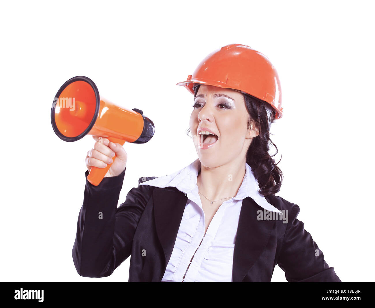 business woman engineer with megaphone. isolated on white background ...